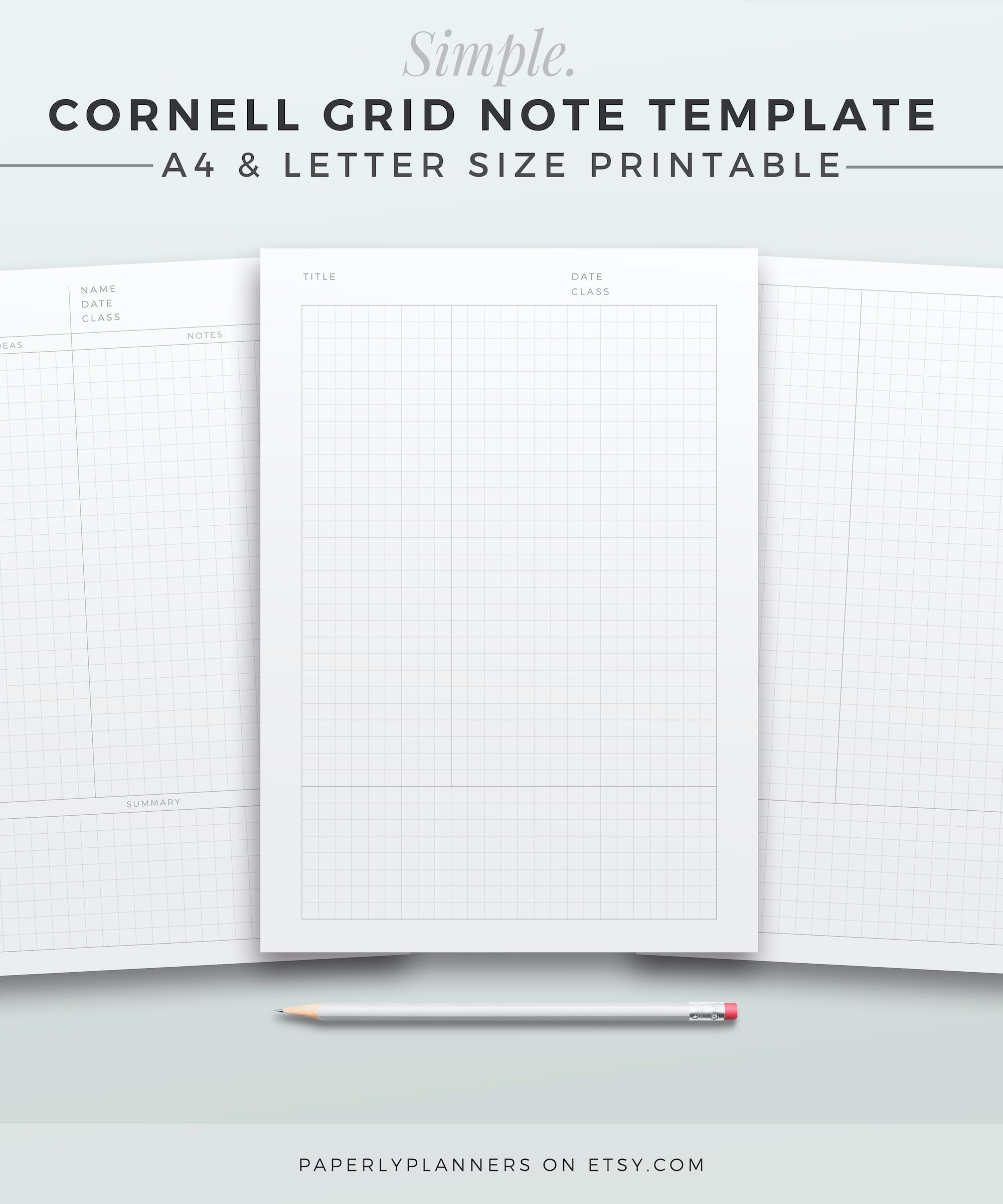 SIMPLE Cornell Grid Note Template A4 & LETTER Printable Note Inserts ...