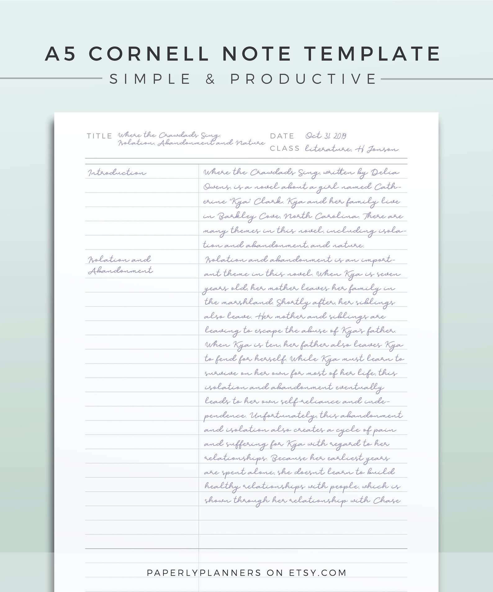 A5 Cornell Note Template, Printable Note Inserts, Productivity Study ...