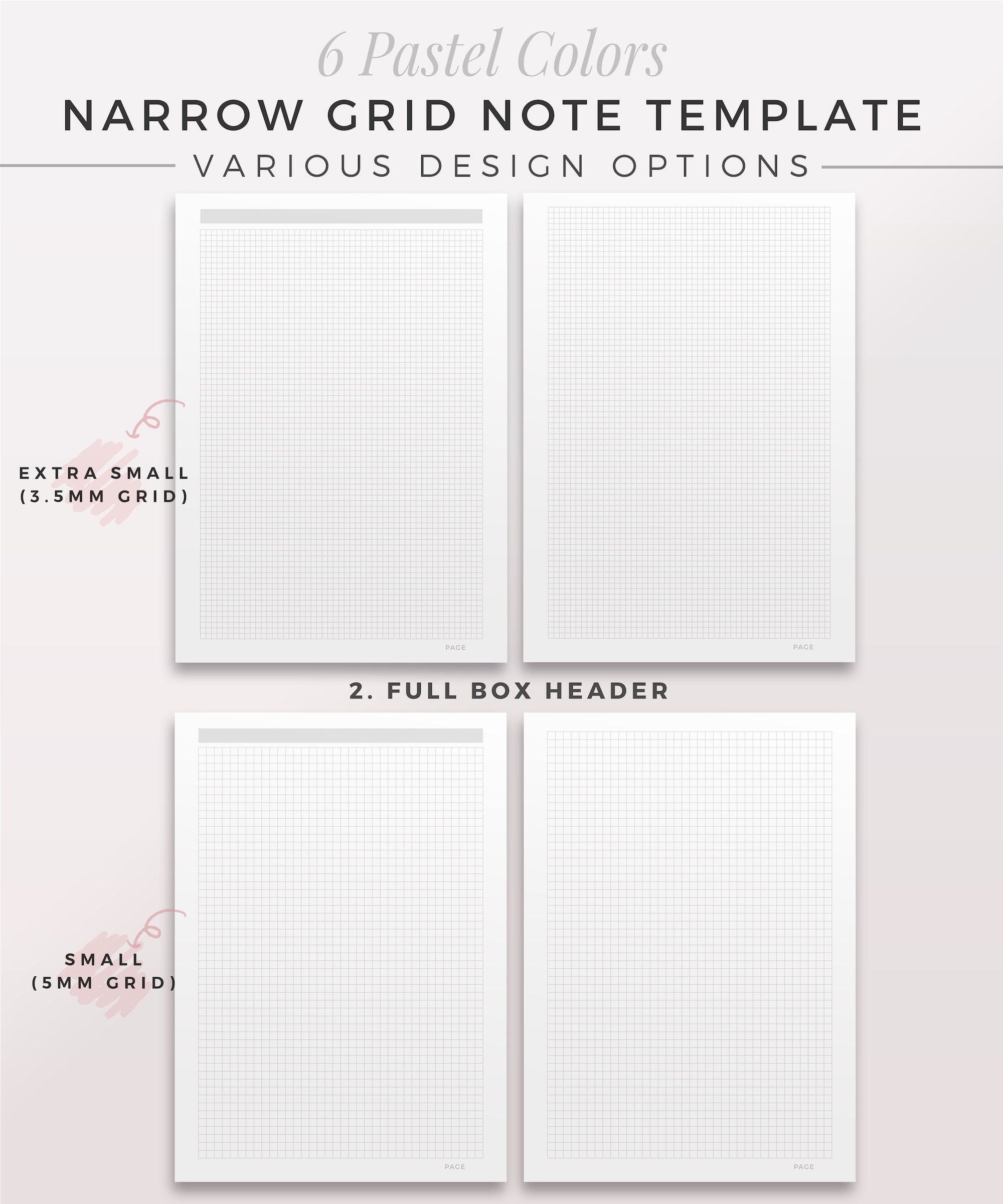 6 PASTEL Grid Note NARROW Grid, Notebook Template, Printable Note ...