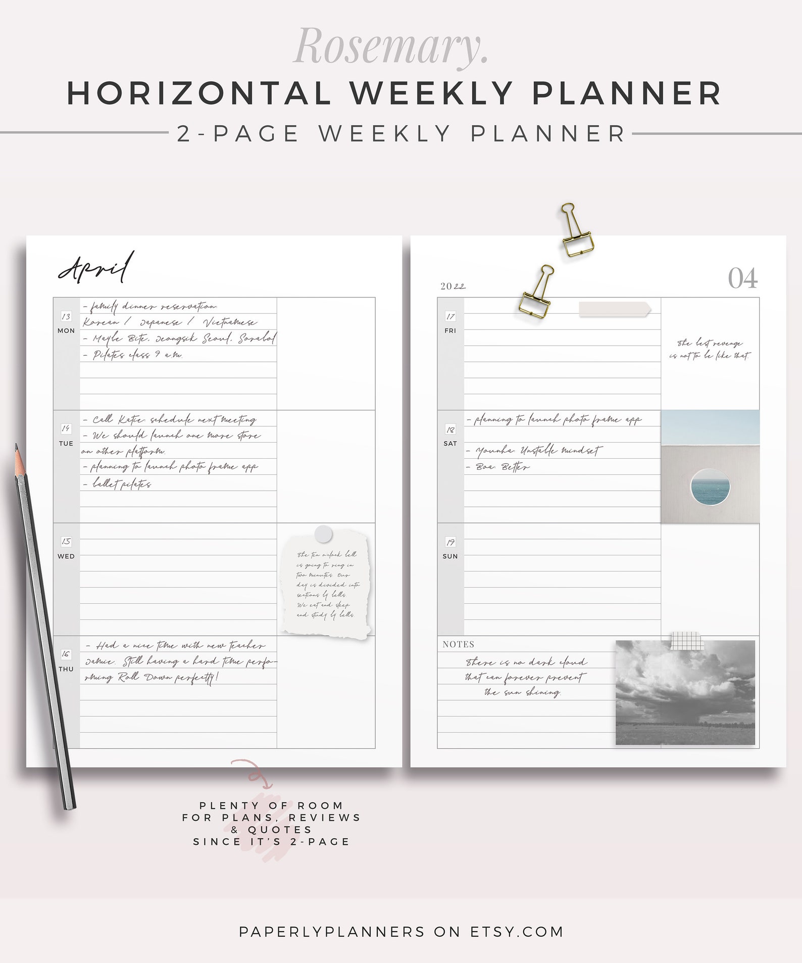 ROSEMARY Horizontal Weekly Planner Two Page Planner - Etsy