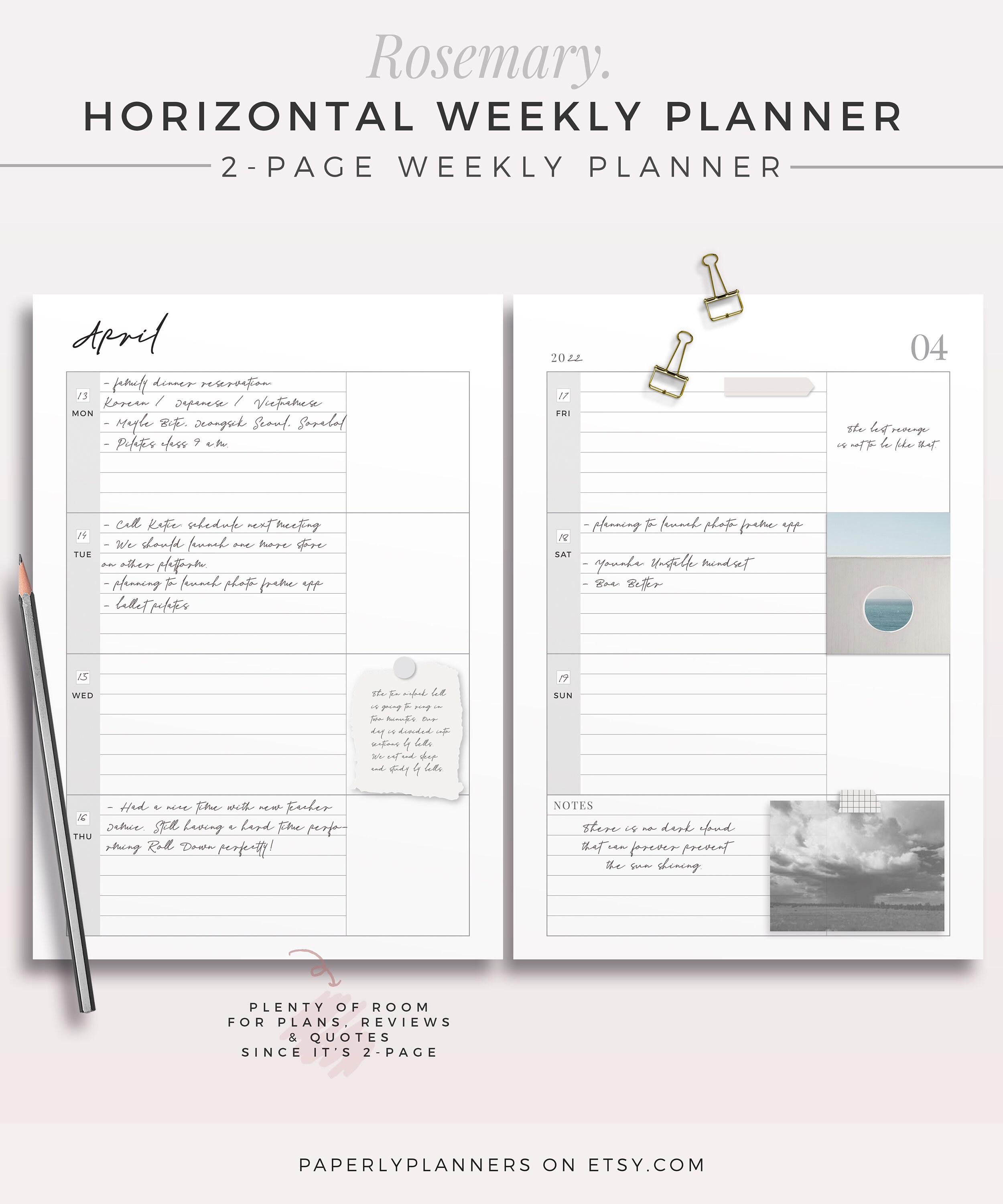 ROSEMARY Horizontal Weekly Planner Two Page Planner - Etsy