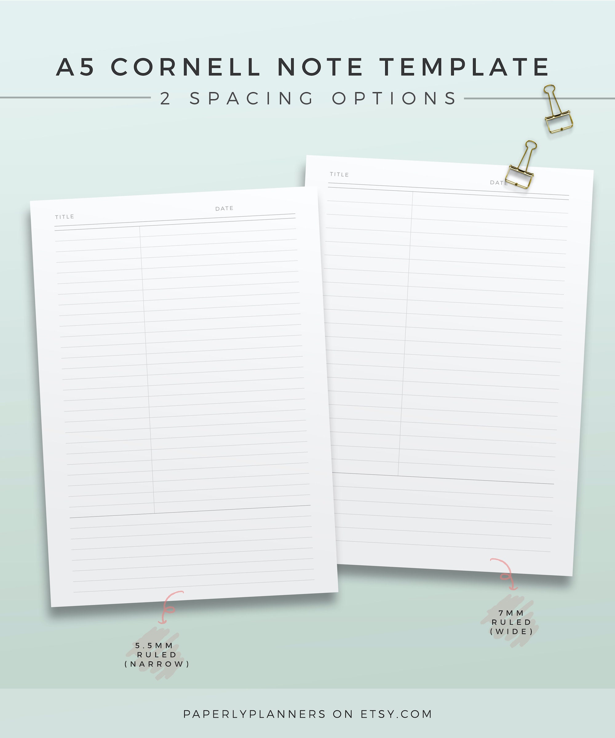 A5 Cornell Note Template, Printable Note Inserts, Productivity Study ...