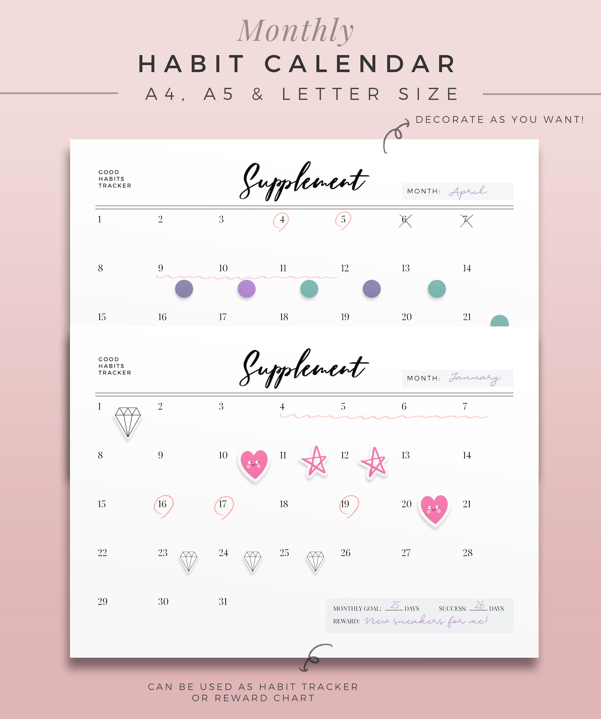 Monthly Habit Tracker, Printable Planner Inserts, Reward Chart Calendar ...