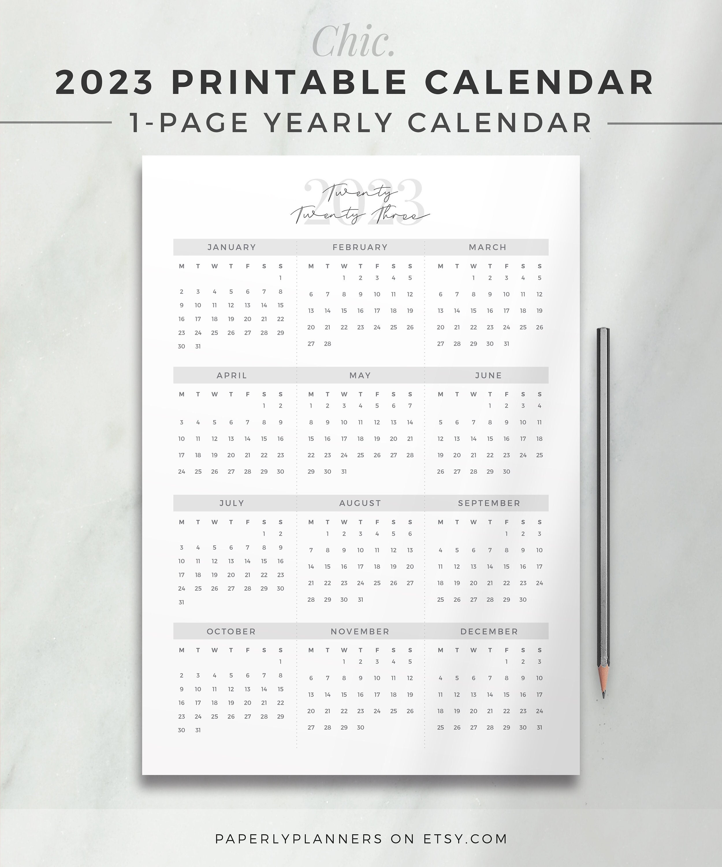 CHIC 2023 Yearly Calendar | One Page Calendar, Printable Planner Insert ...