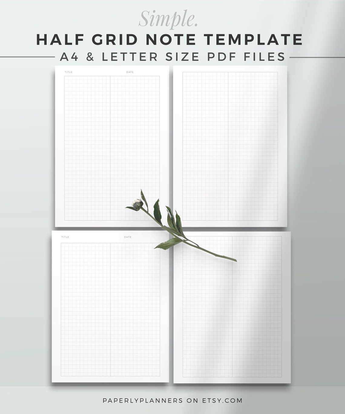 SIMPLE Half Grid Note Template A4 & LETTER Printable Note Inserts, Half ...