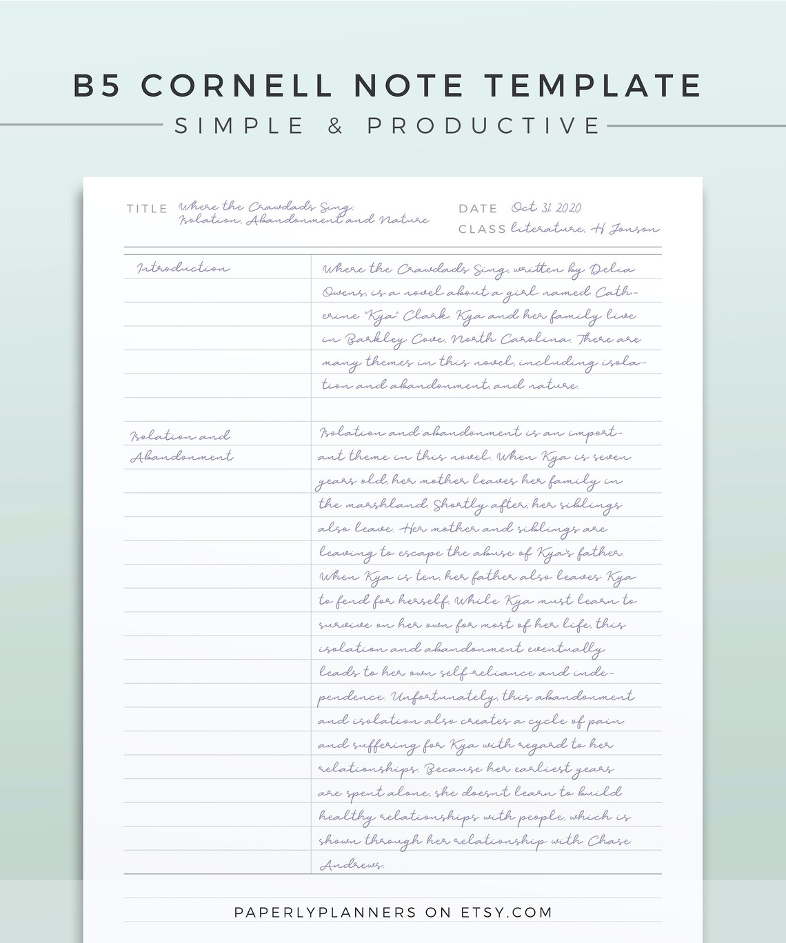 B5 Cornell Note Template, Printable Note Inserts, Productivity Study ...