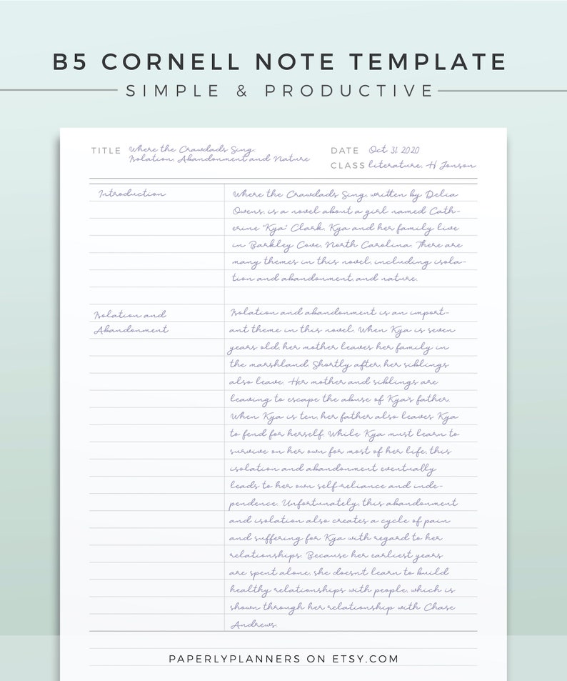 B5 Cornell Note Template, Printable Note Inserts, Productivity Study Note, Simple Study Journal ...