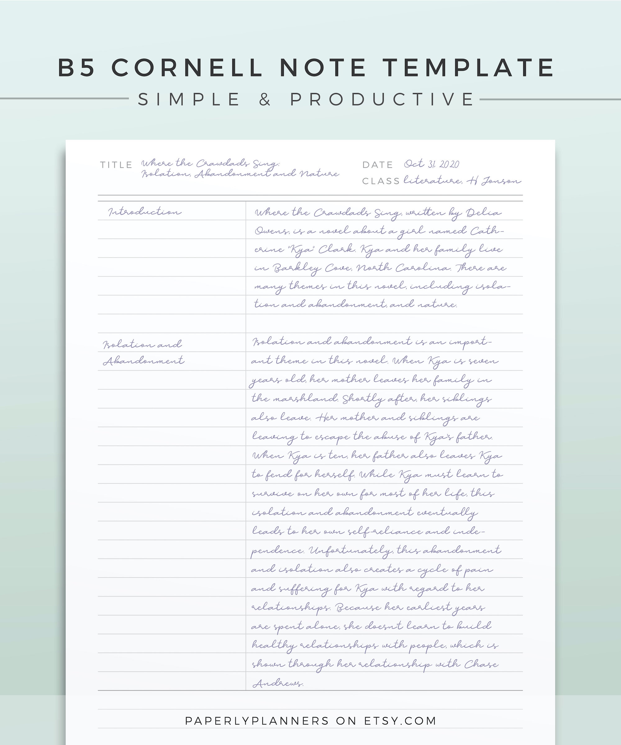 B5 Cornell Note Template, Printable Note Inserts, Productivity Study ...