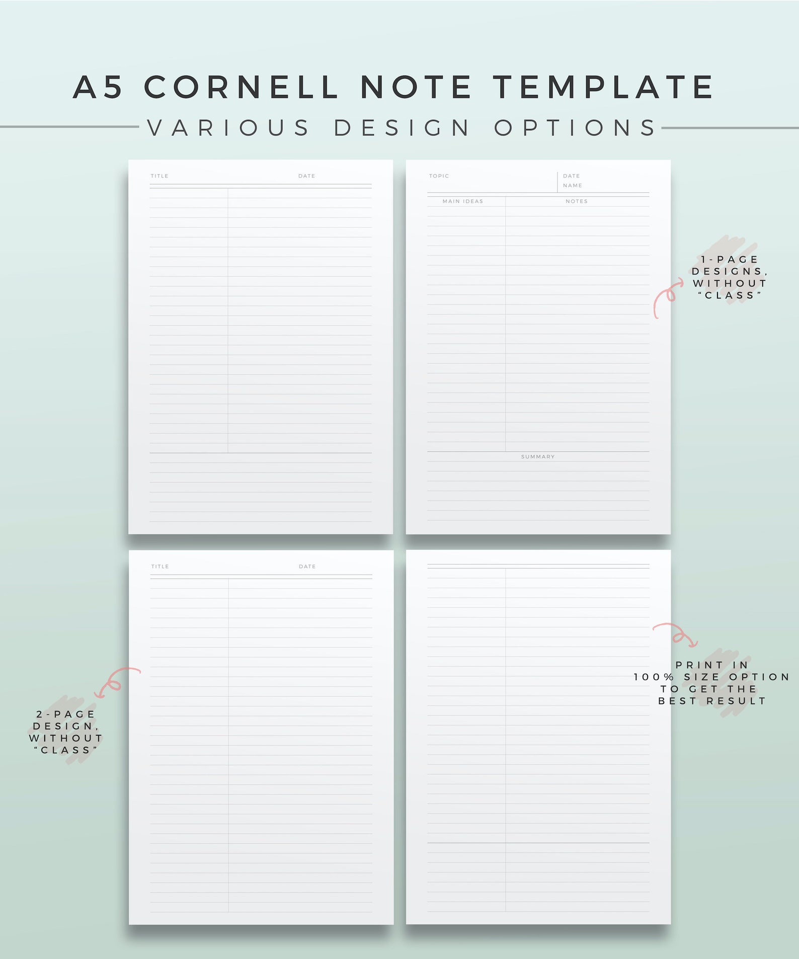 A5 Cornell Note Template, Printable Note Inserts, Productivity Study ...