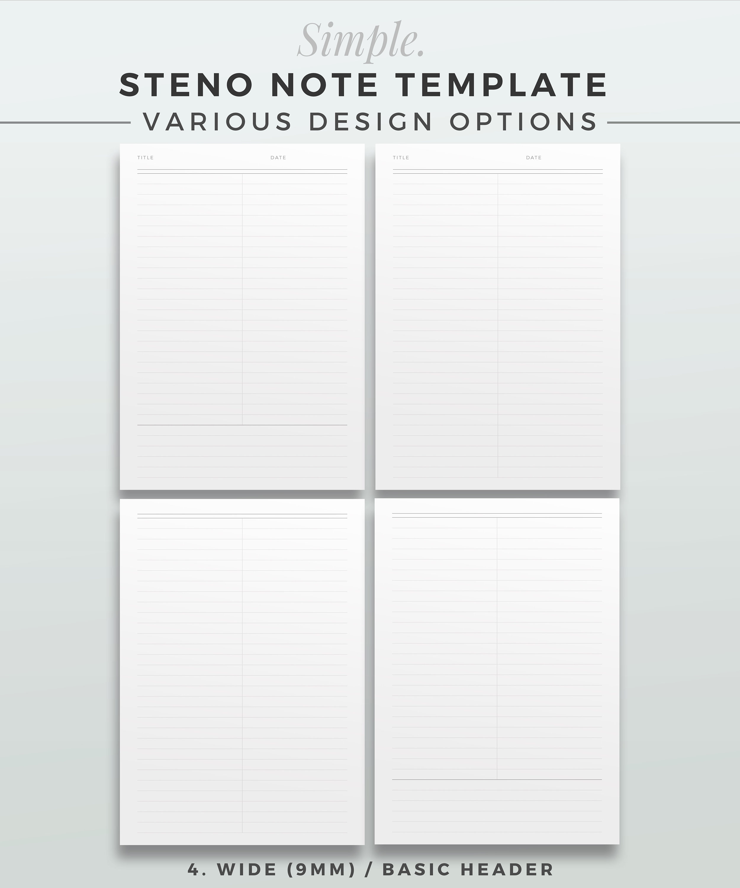 SIMPLE Steno Note Template | A4 & LETTER | Printable Steno Note Inserts ...