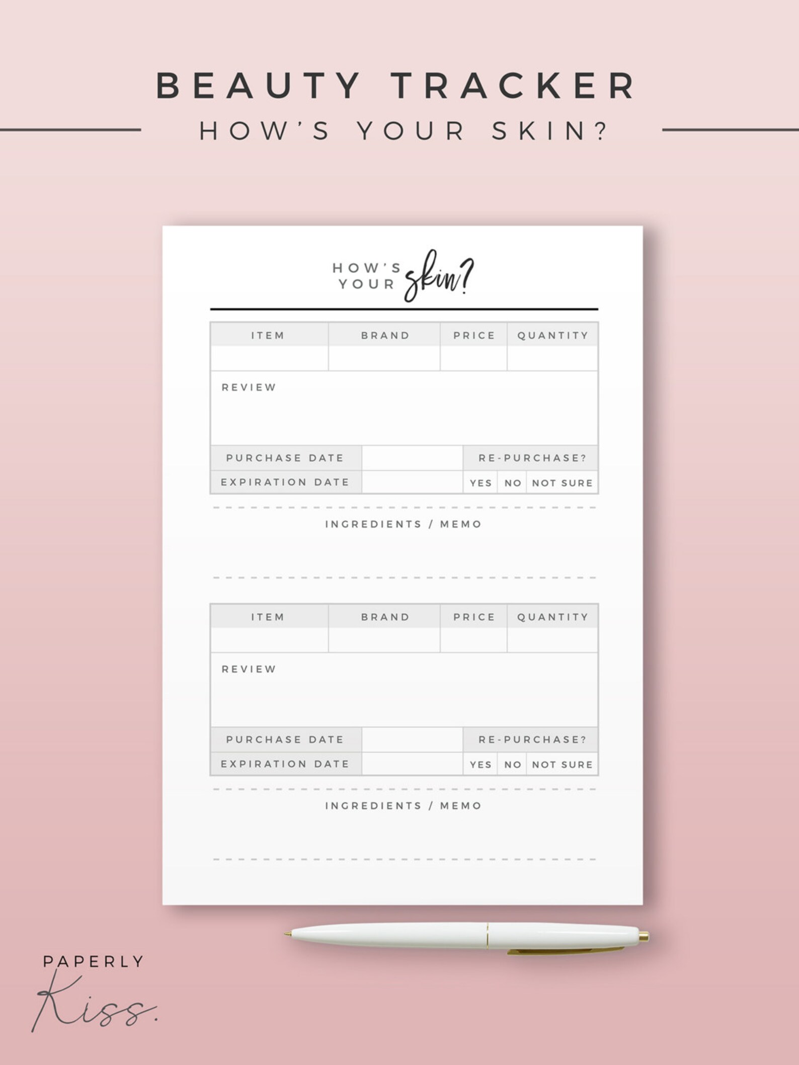 Beauty Tracker, Printable Planner Inserts, Cosmetics Inventory Journal ...