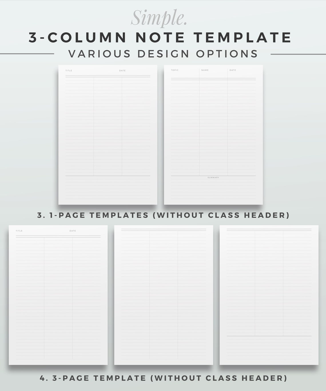 SIMPLE 3-column Note Template | A4 & LETTER | Printable Note Insert ...
