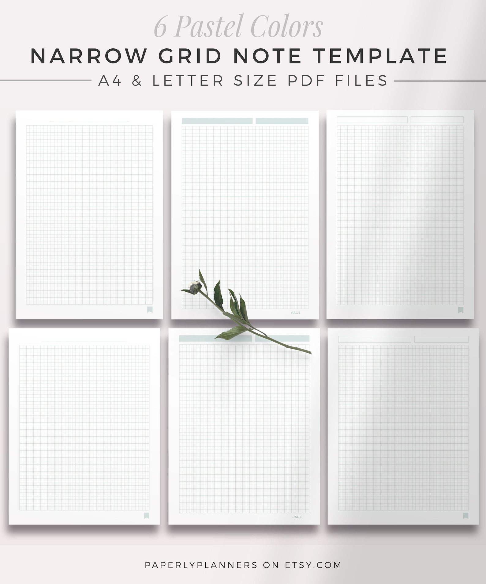 6 PASTEL Grid Note NARROW Grid, Notebook Template, Printable Note ...