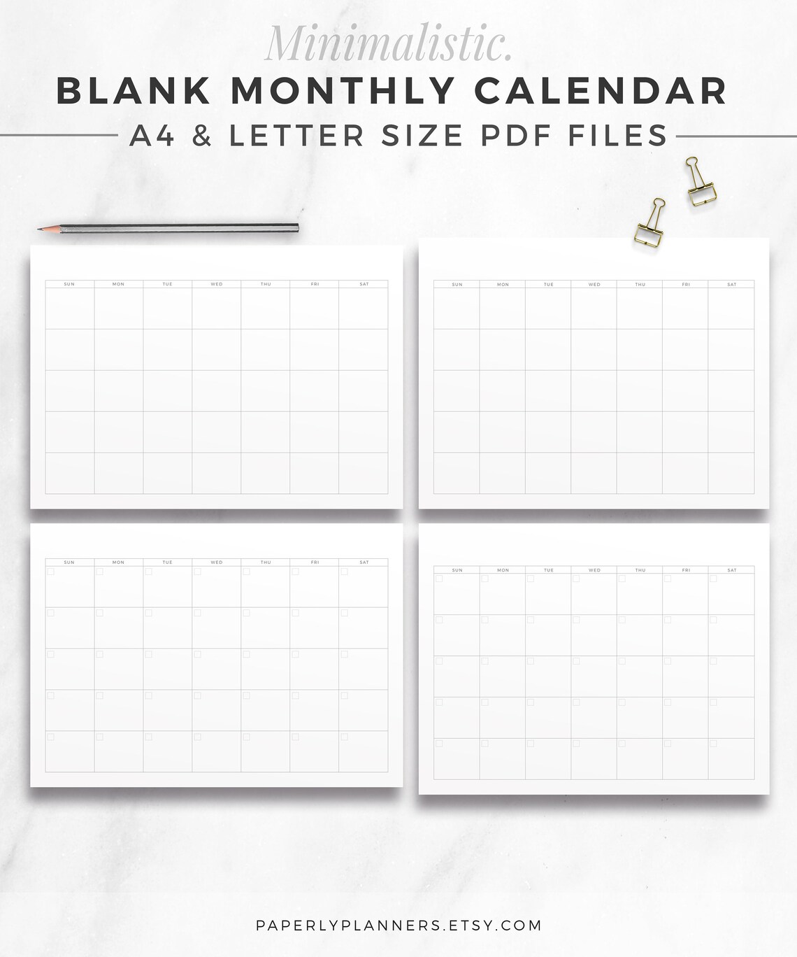 MINIMALISTIC Blank Calendar A4 & LETTER Empty Printable - Etsy
