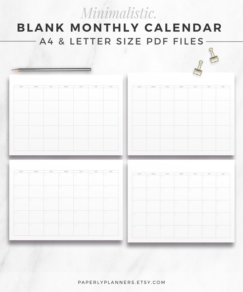 MINIMALISTIC Blank Calendar A4 & LETTER Empty Printable Calendar ...