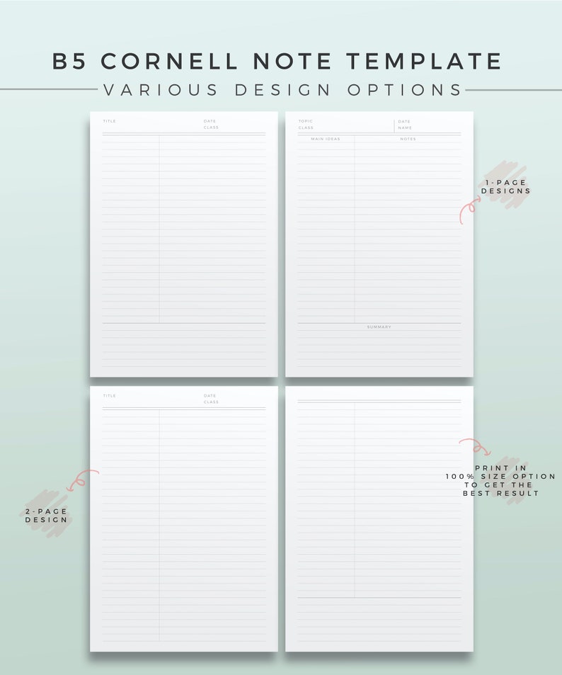 B5 Cornell Note Template, Printable Note Inserts, Productivity Study ...