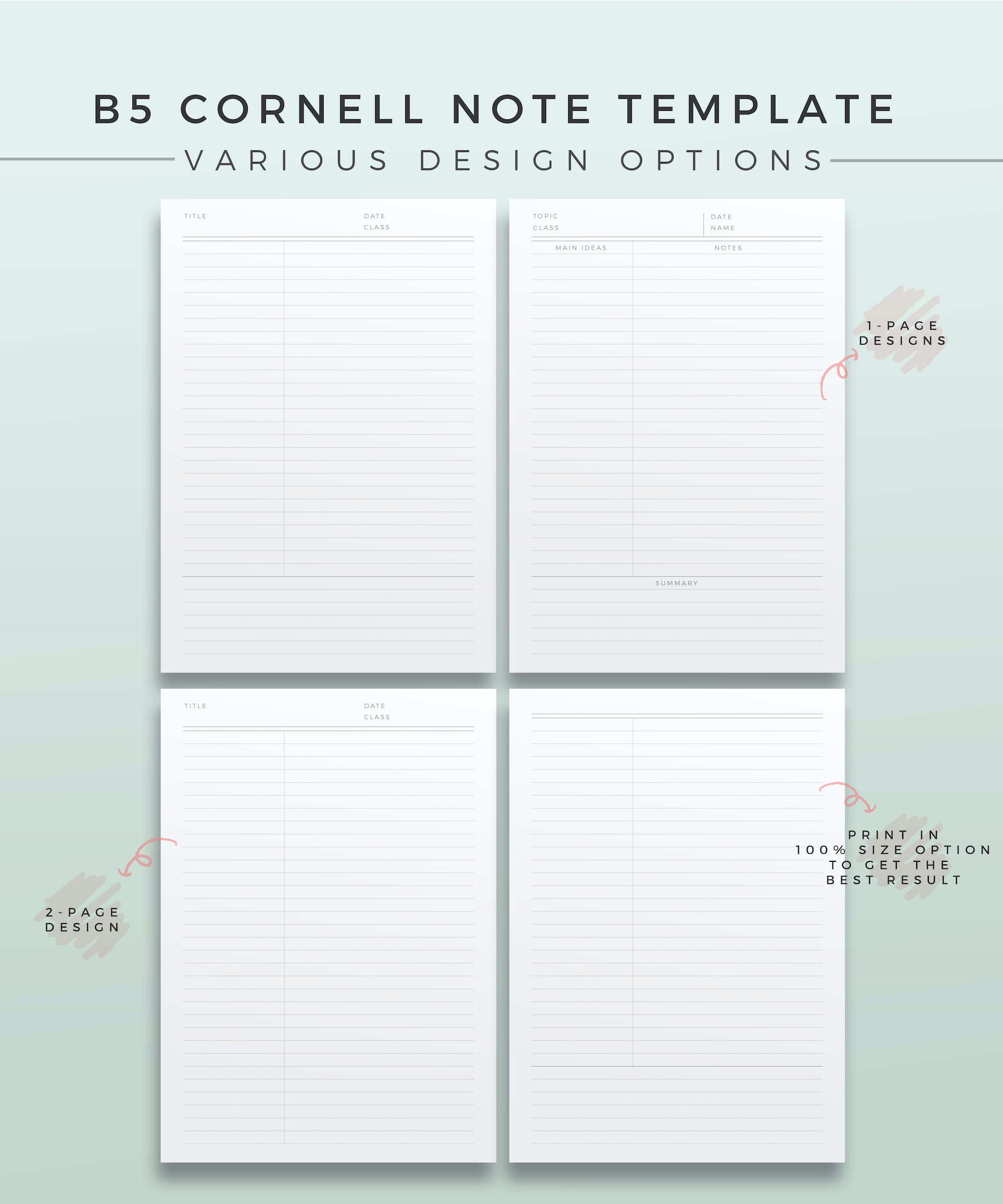 B5 Cornell Note Template, Printable Note Inserts, Productivity Study Note, Simple Study Journal ...