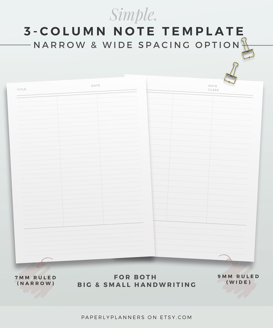 SIMPLE 3-column Note Template A4 & LETTER Printable Note Insert, Three ...