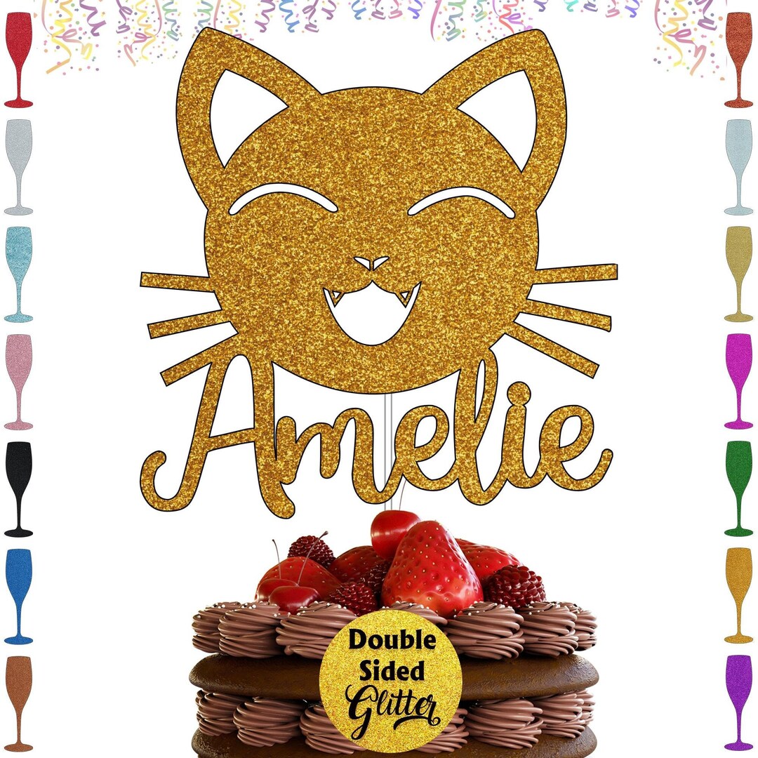 Cat Cake Topper, Glitter Cat Face Cake Topper, Meow Kitten Face Cake ...