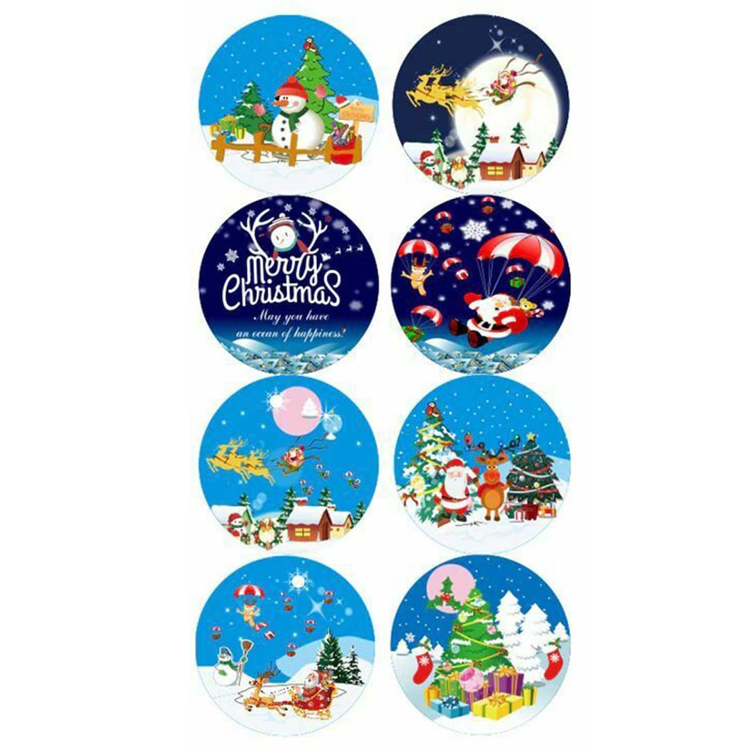 Blue Mix Christmas Stickers Santa Claus Christmas Tree Snow Round Xmas ...