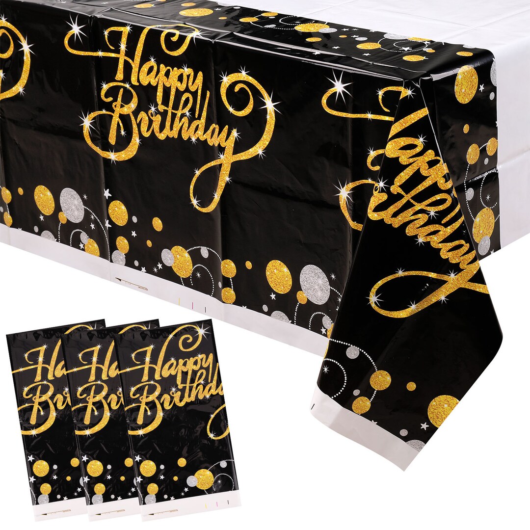 Happy Birthday Tablecloth Table Cover Plastic Black Gold Waterproof ...