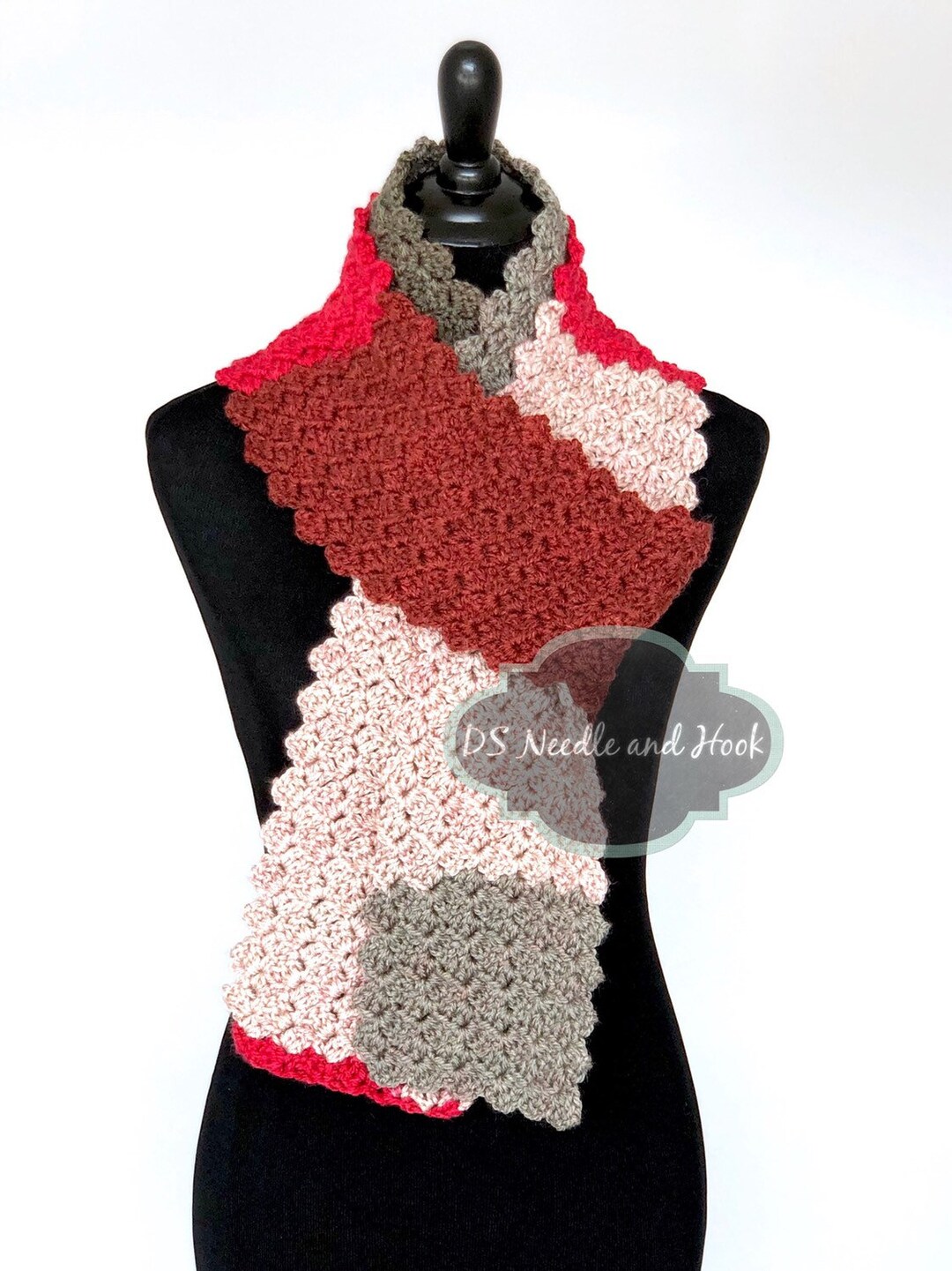 Red and Beige Crochet Scarf, Maroon and Olive Green Super Scarf, Wine ...