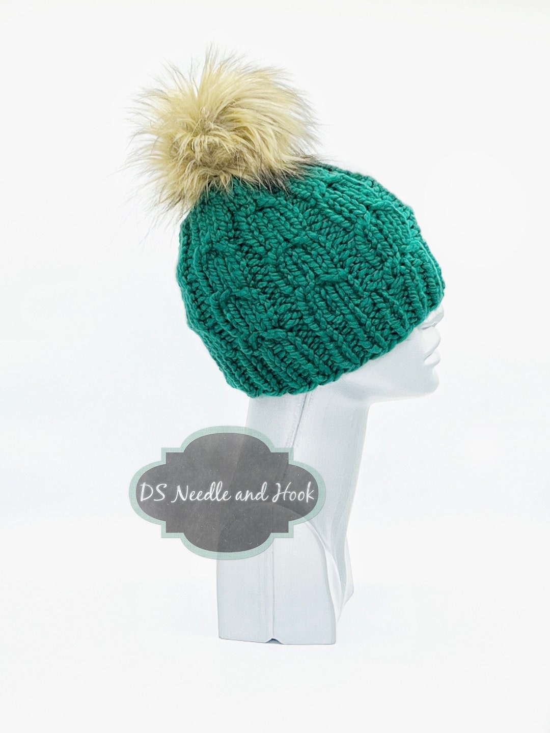 Green Chunky Knit Hat With Faux Fur Pompom, Dark Green Cable Knit ...