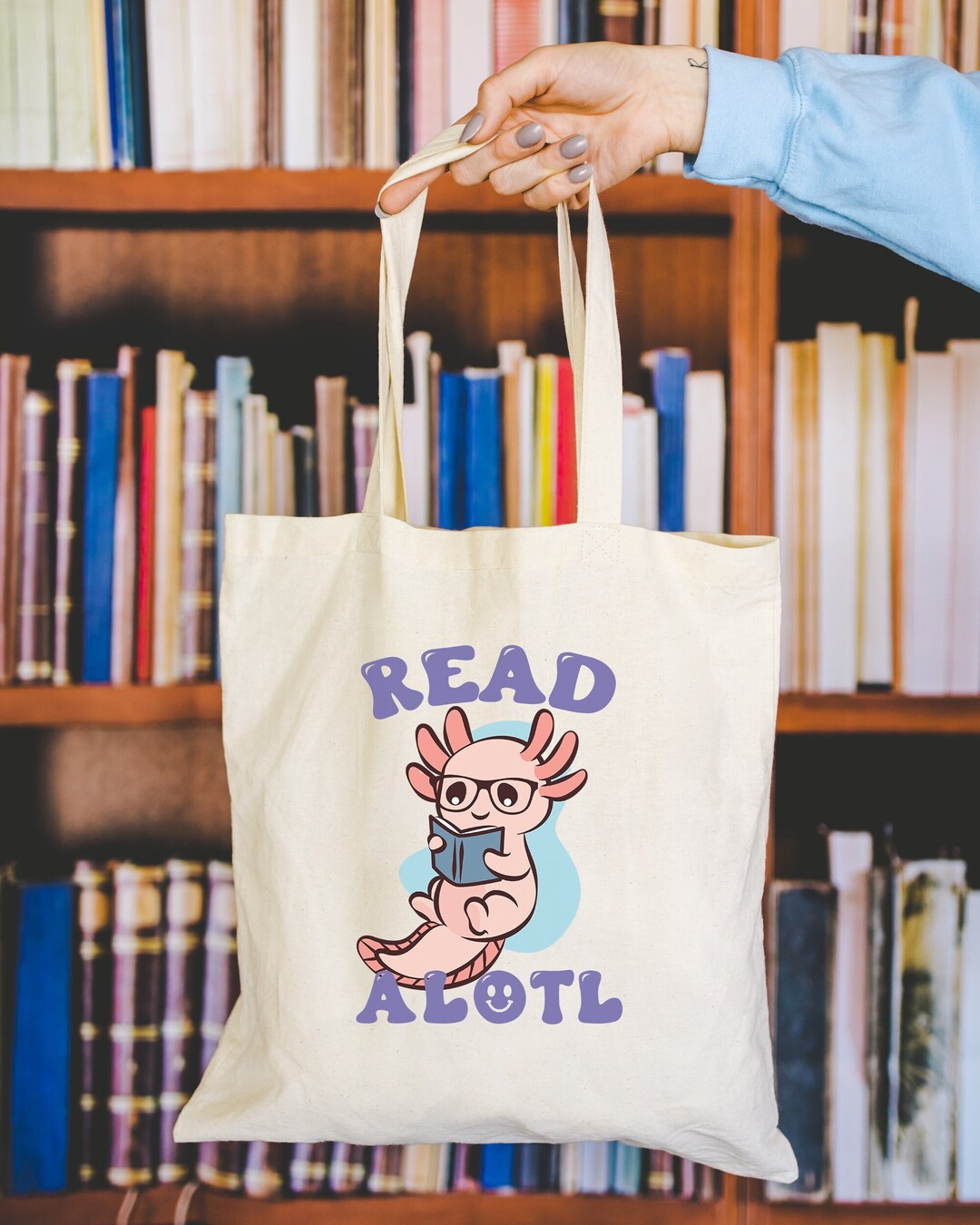 Read Alotl Axolotl Cute Canvas Tote Bag Librarian and Reading Book Bag ...