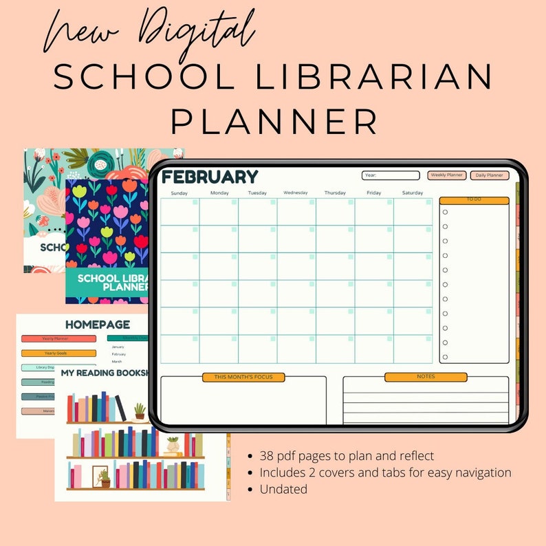 School Library Digital Planner | Librarian Calendar and Planner Undated ...