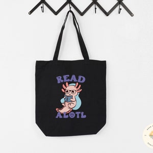 Read Alotl Axolotl Cute Canvas Tote Bag Librarian and Reading Book Bag ...