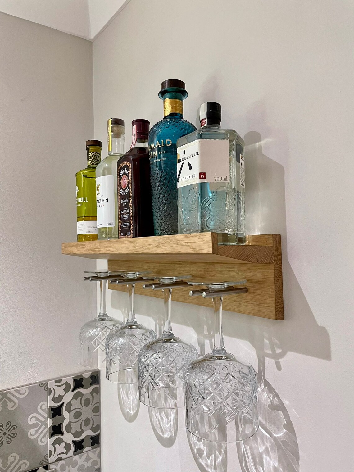 Gin and Wine Shelf, Floating Shelf for Bottles and Glasses Made From ...