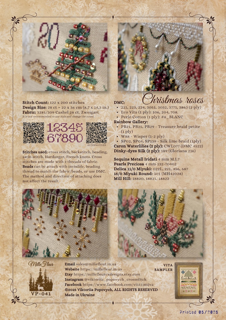 PRINTED CHART Christmas Roses Sampler by Millefleur, Viktoriia Popovych ...