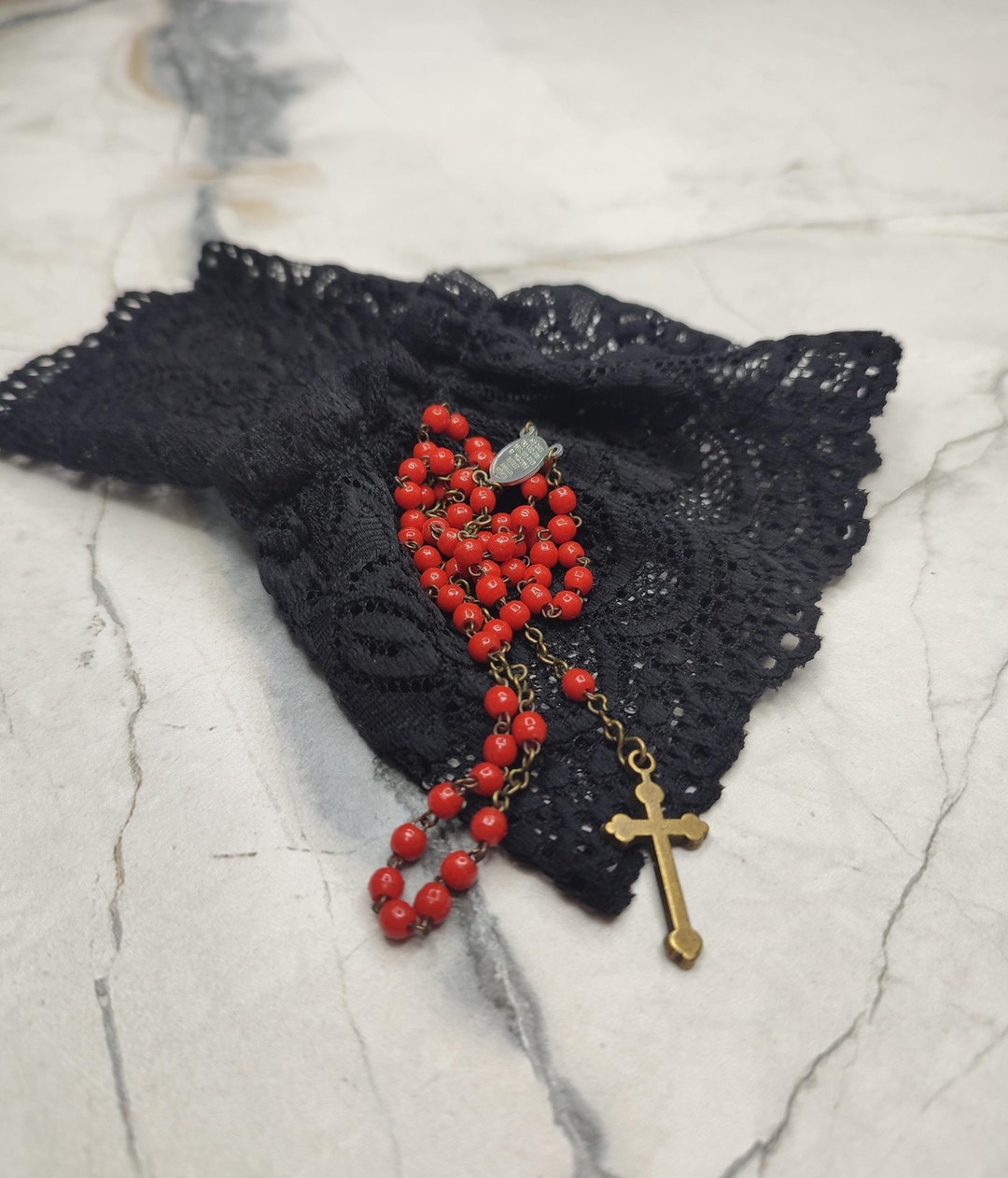 Religious Catholic Red Rosary With Beads and Cross Crucifix - Antique ...