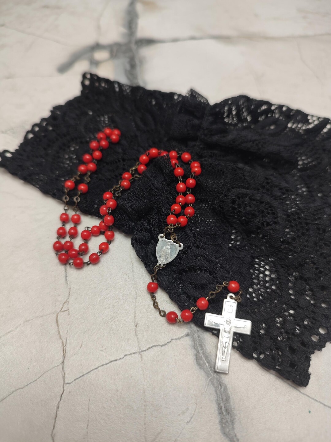 Religious Catholic Red Rosary With Beads and Cross Crucifix - Angels - Etsy