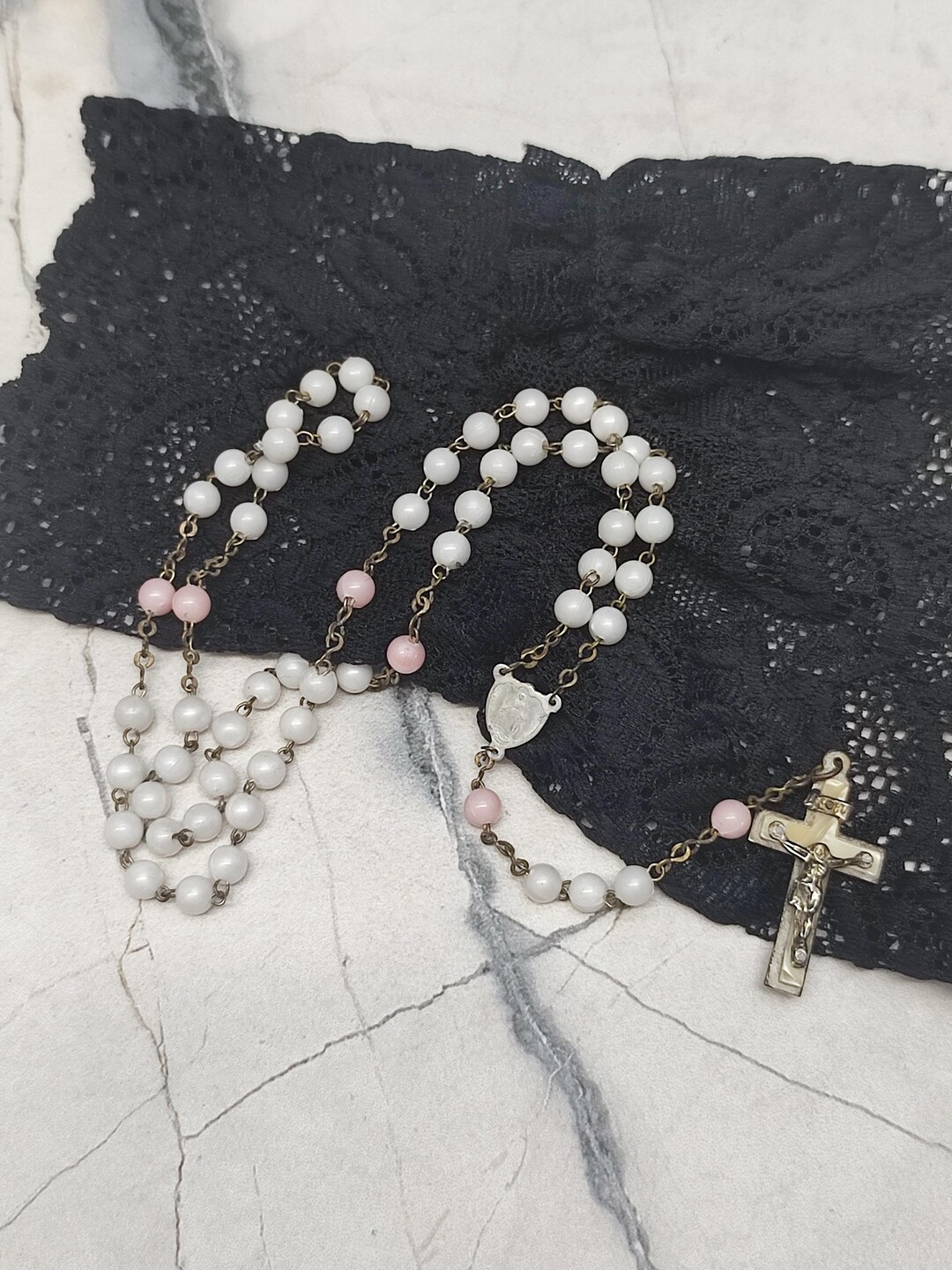 Religious Rosary With White Glass Beads and Cross Crucifix - Etsy