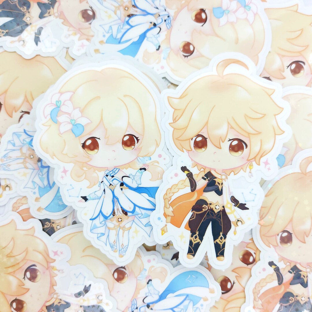 Traveler Lumine and Aether Sticker | Vinyl | Waterproof | Holographic ...