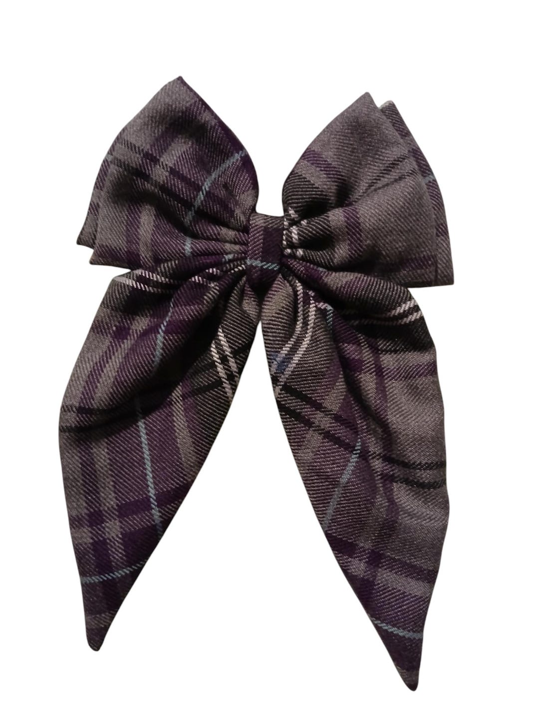 Large Purple and Grey Tartan Fabric Long Tailed Double Hair Bow ...