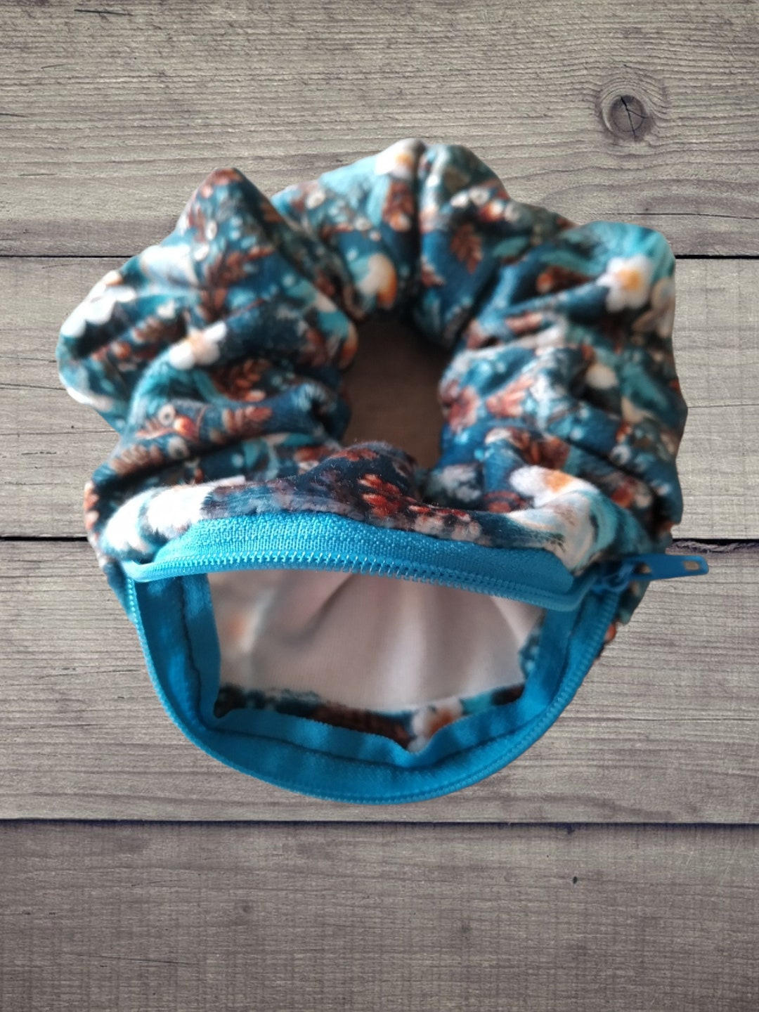 Blue Floral Large Oversized Stashie Zipper Pocket Hair Wrist Scrunchie ...