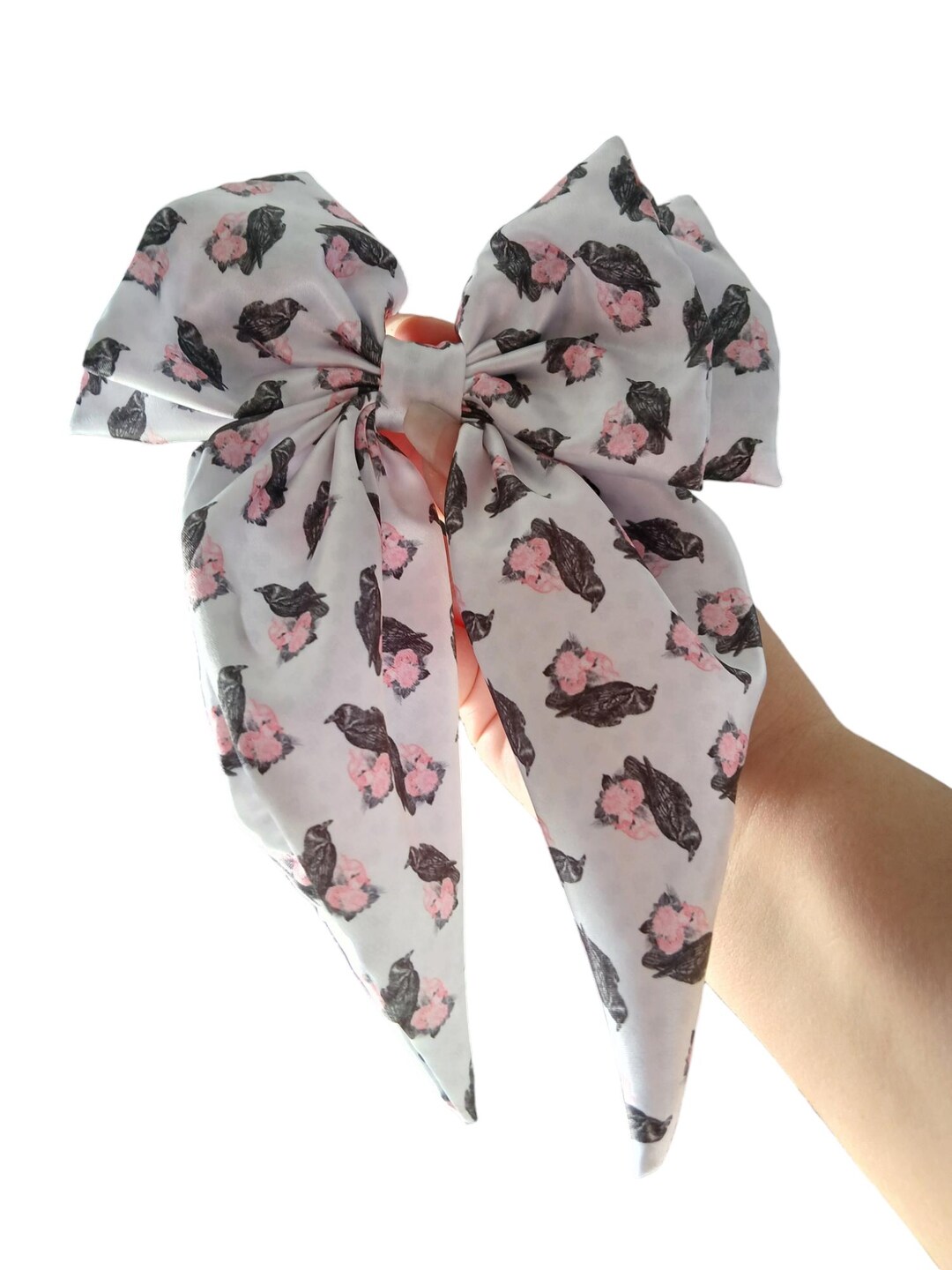 Floral Crow Satin Hair Bow: Long-tailed Double Bow - Etsy