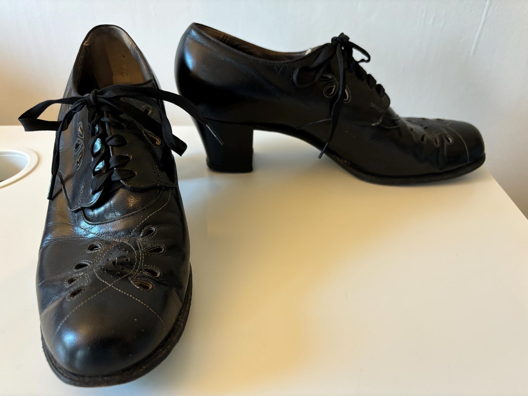 1930s-40s Black Leather Oxford Brogues With Heels, Size UK 4 / US 6 - Etsy