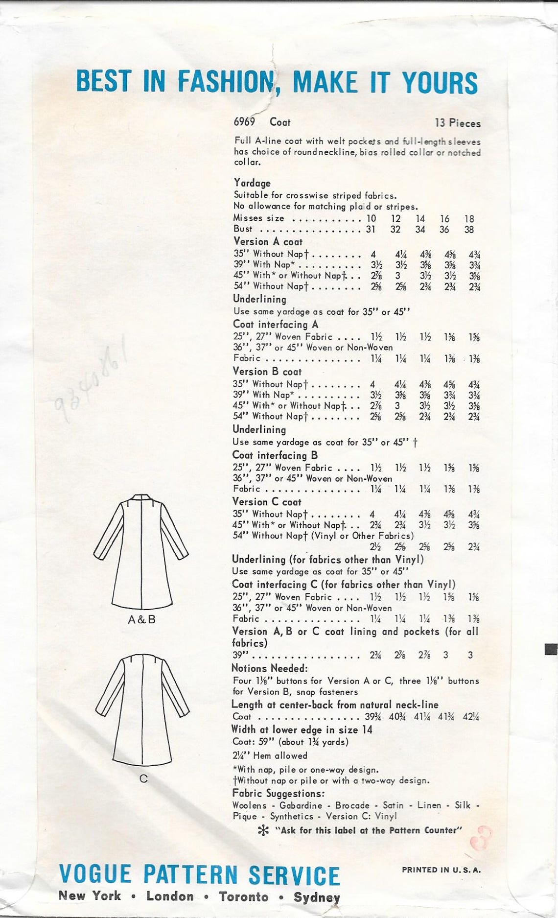 Vogue 6969 1960s A-line Women's Coat / Raincoat. Size 10 31 Bust, 33 ...