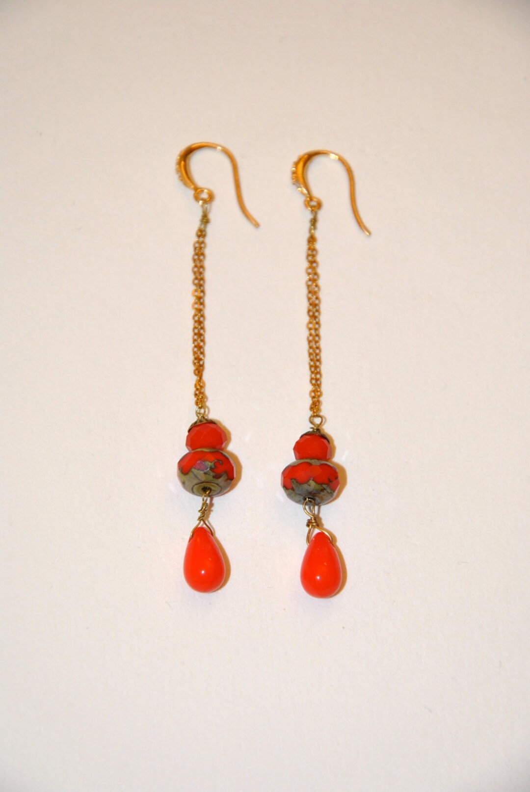 Upcycled Gold Long Vintage Earrings, Red Glass London Bus - Etsy