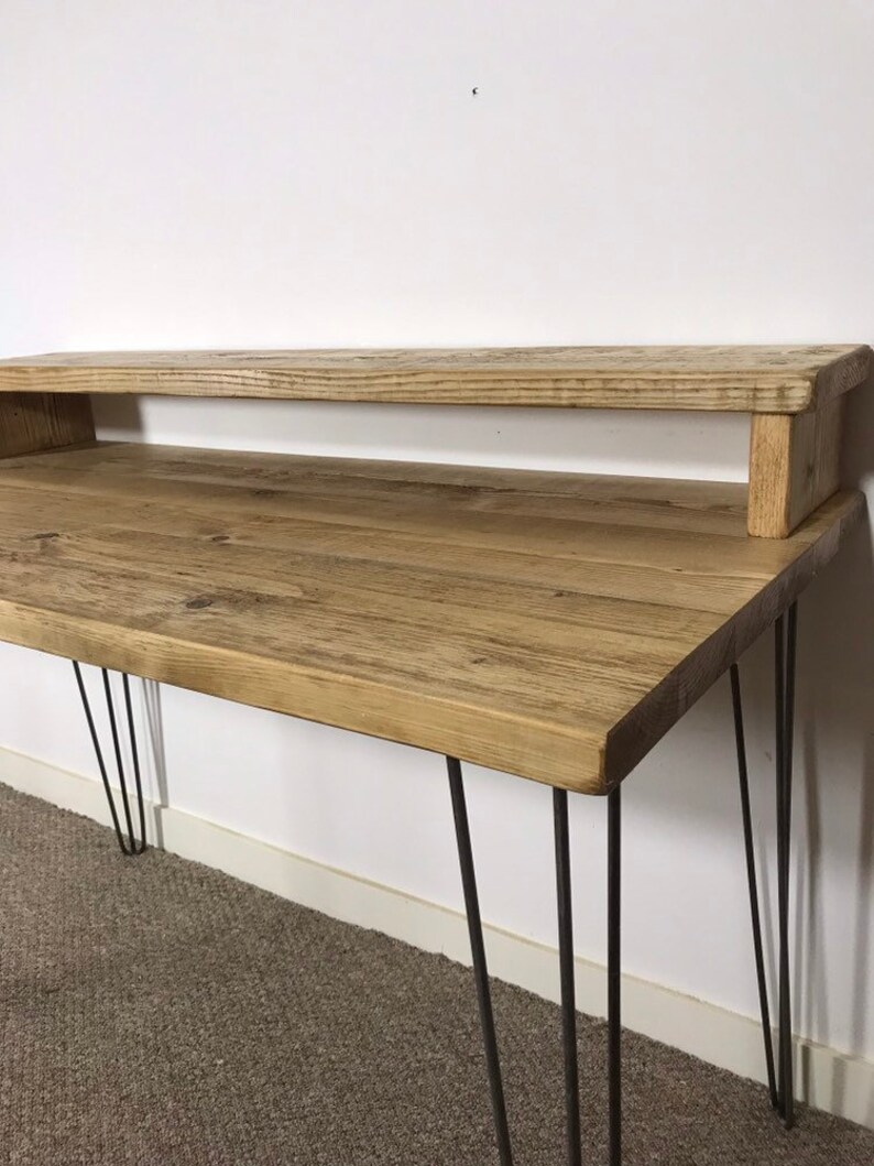 Reclaimed Pine Desk & Monitor Stand Solid Wood Metal Hairpin | Etsy