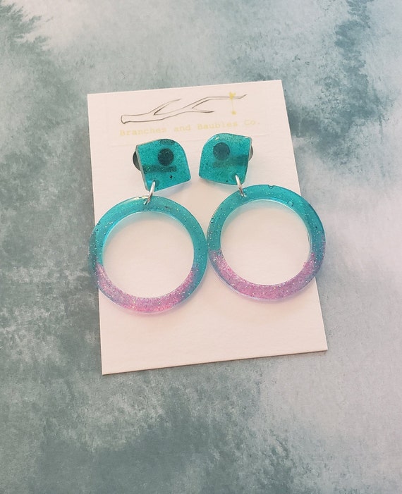 Translucent Teal and Pink Glitter Resin Earrings - Etsy