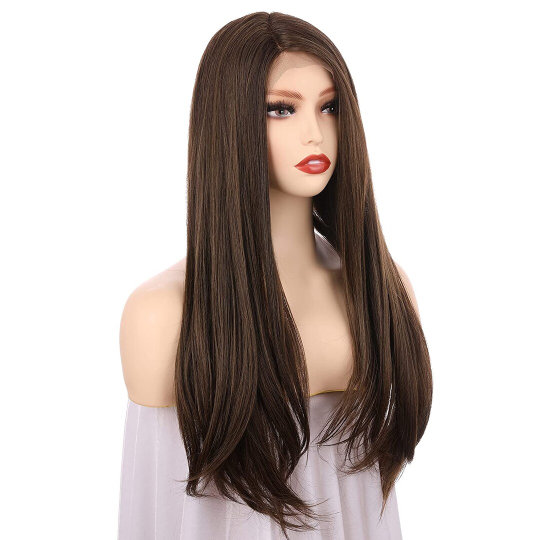 24 Inch Straight Lace Front Side Part Dark Root Long Wig medium Brown ...