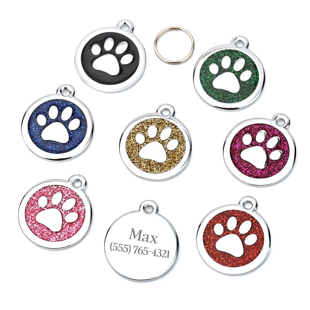 Custom Dog & Cat Tag, Stainless Steel Paw Print Dog Tag With Glitter ...