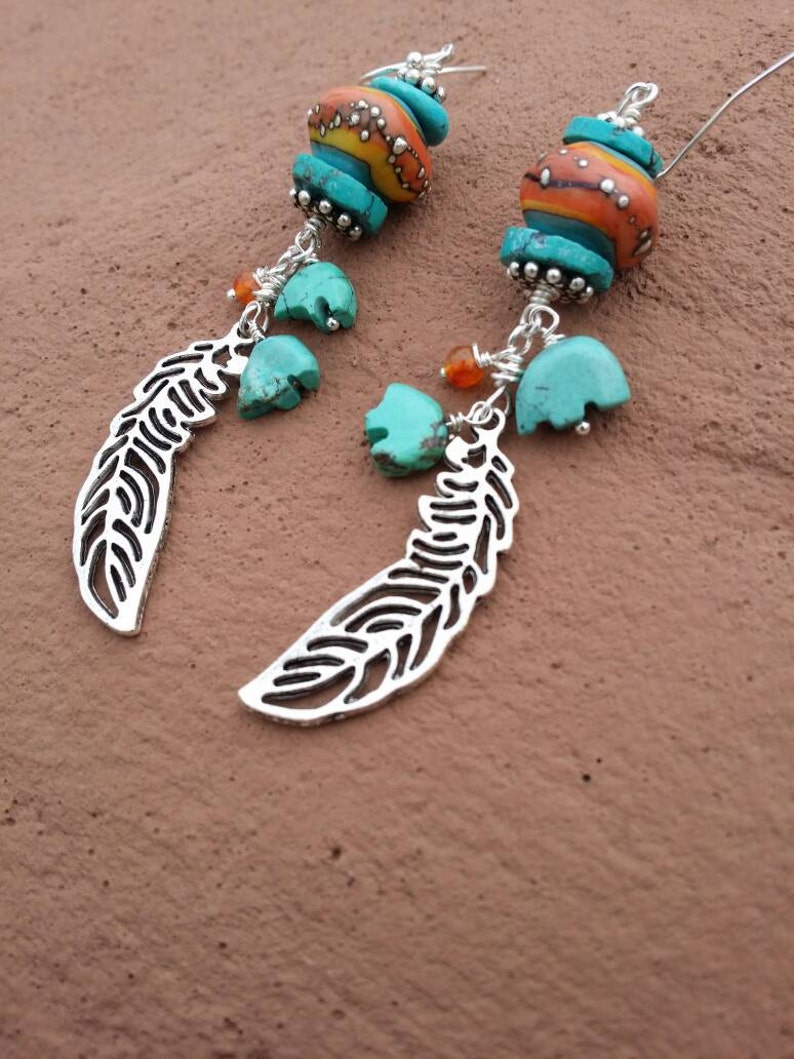 Southwestern Painted Desert Turquoise Zuni Bear and Feather Earrings ...