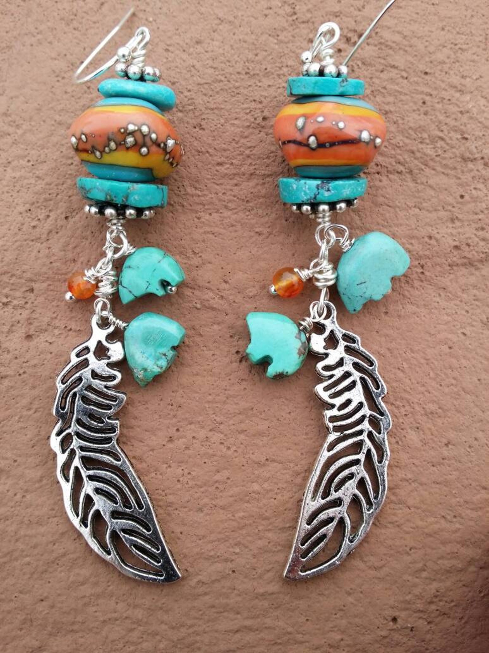 Southwestern Painted Desert Turquoise Zuni Bear and Feather Earrings ...