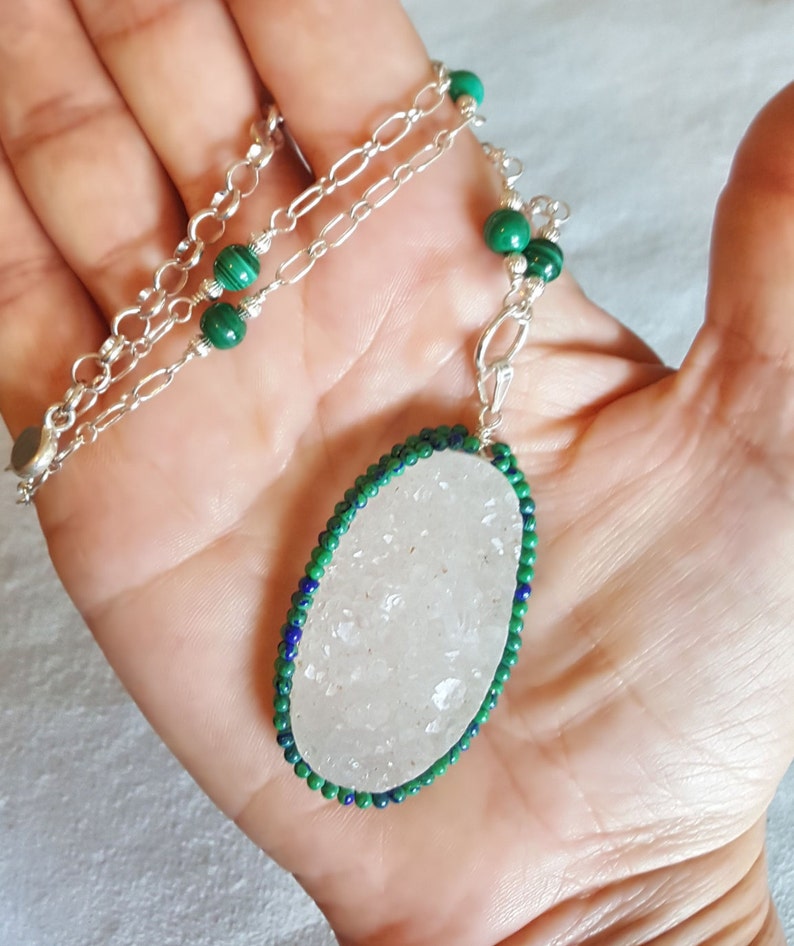 Natural White Quartz Druzy Geode Azurite Malachite Pendant Necklace ...