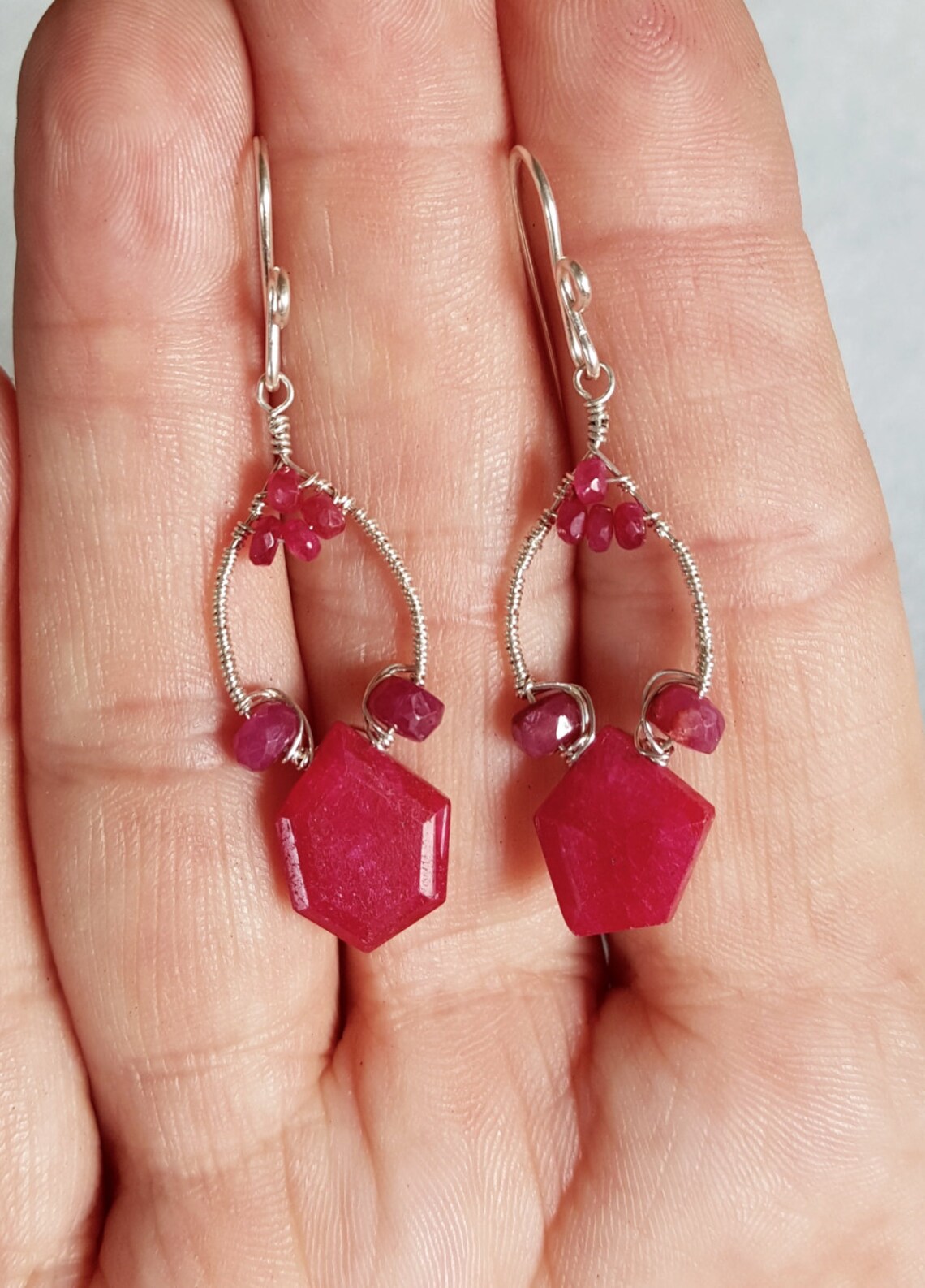 Ruby Dangle Earrings Sterling Silver Wire Wrap Woven - Etsy